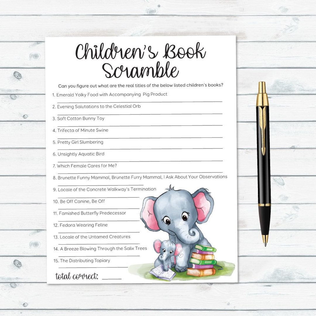 Childrens Book Scramble, Storybook Baby Shower, Baby Book Scramble ...