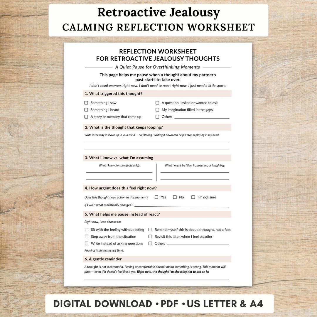 Retroactive Jealousy Reflection Worksheet for Overthinking | Printable ...
