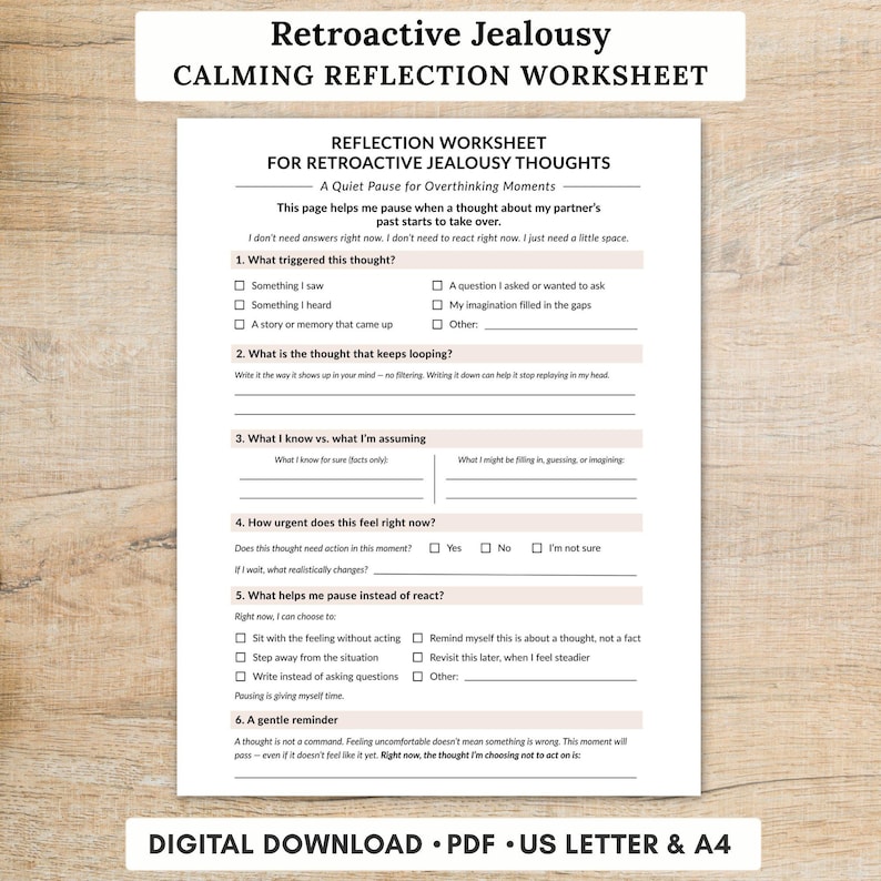 Retroactive Jealousy Reflection Worksheet for Overthinking | Printable ...
