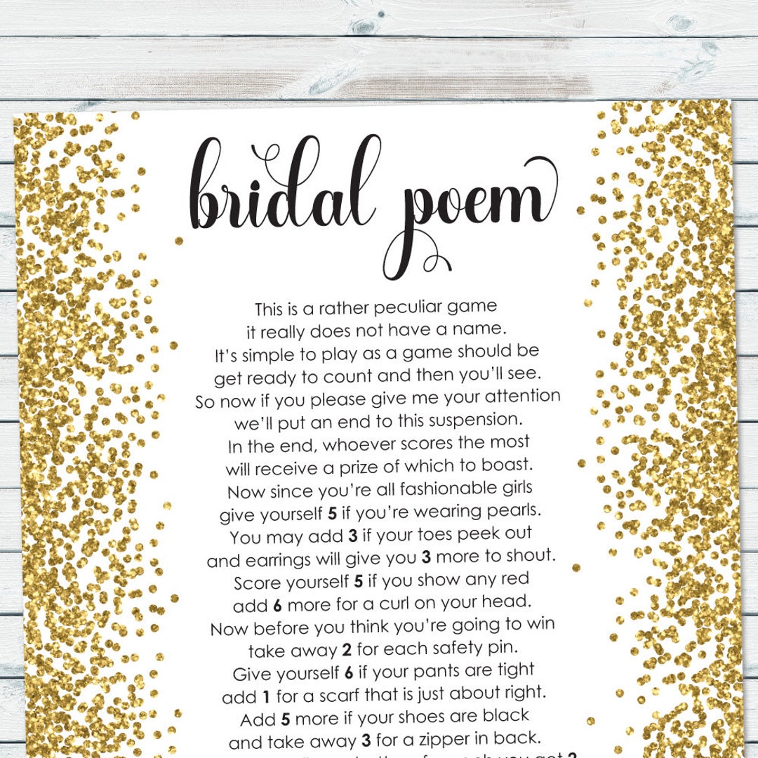 Bridal Poem Game, Bridal Shower Points Poem, Gold Confetti Bridal ...
