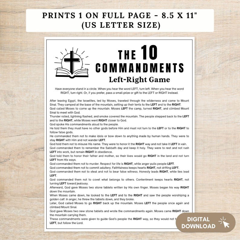 10 Commandments Left Right Game, Christian Bible Party Game, Church ...