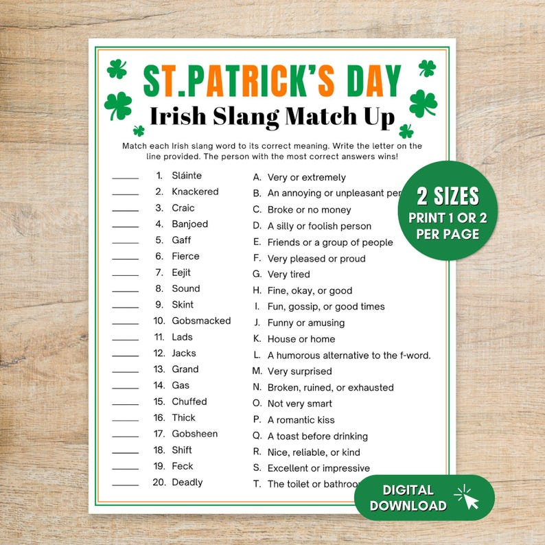 Irish Slang Matching Game for Adults, St Patricks Day Printable Party ...