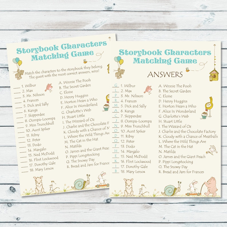 Storybook Characters Matching Game Children's Book Shower - Etsy