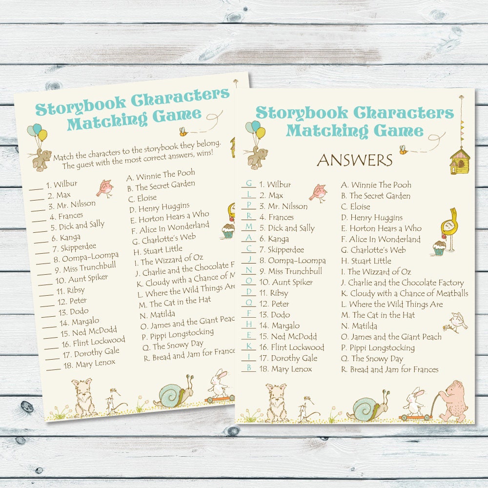 Storybook Characters Matching Game, Children's Book Shower Game ...