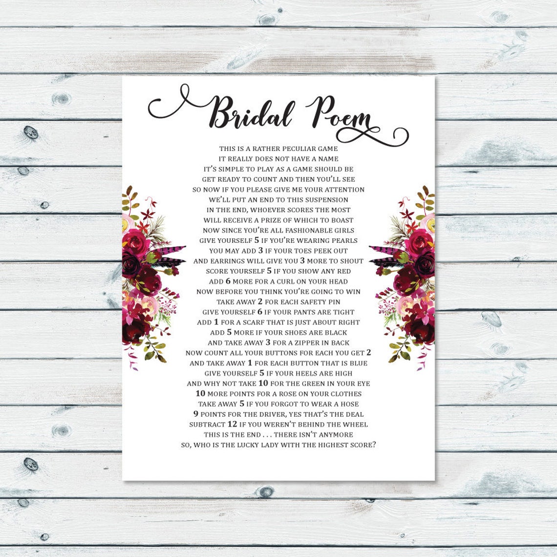 Bridal Poem Game, Bridal Shower Point Poem, Floral Bridal Shower Games ...