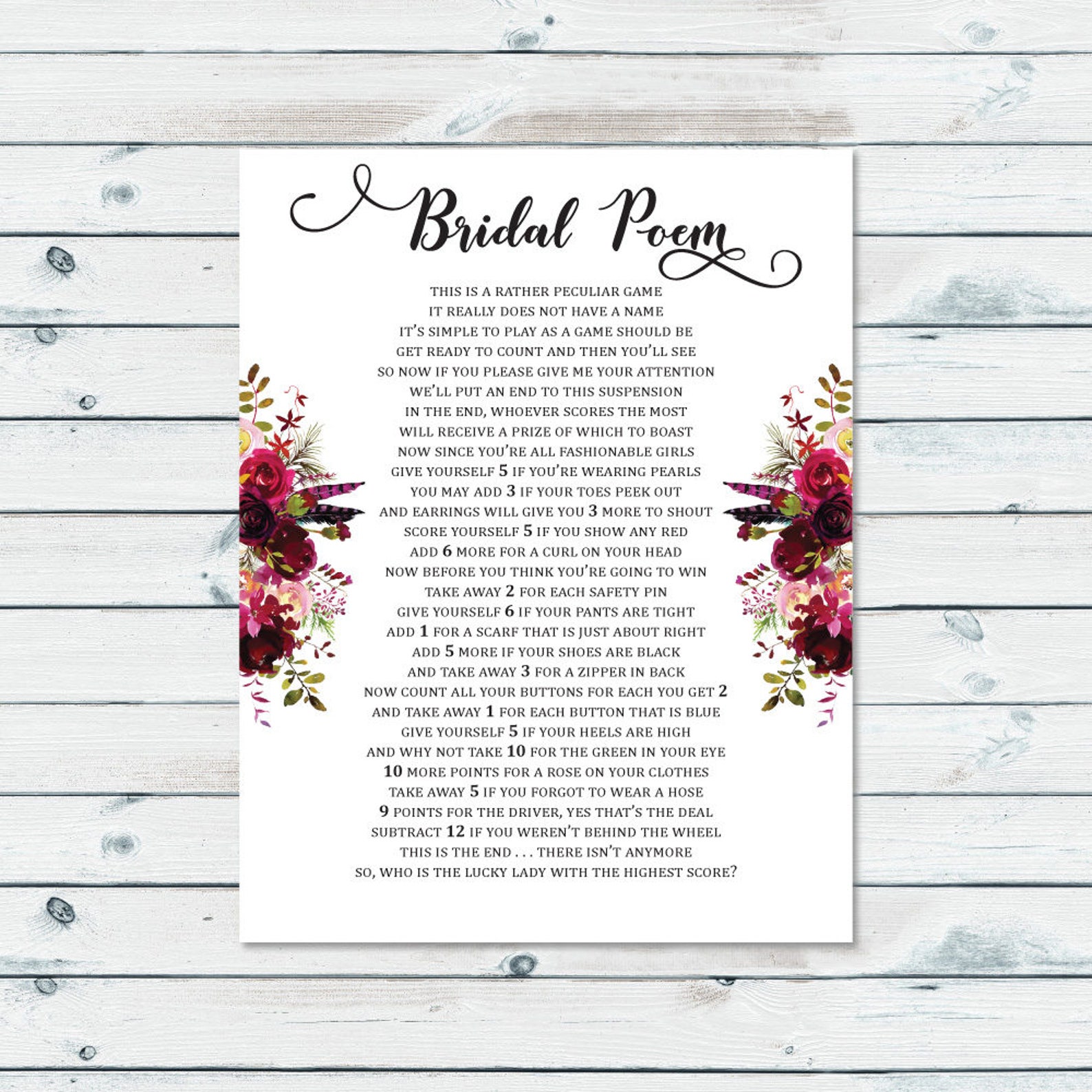 Bridal Poem Game Bridal Shower Point Poem Floral Bridal - Etsy Canada