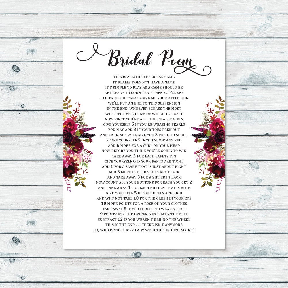 Bridal Poem Game, Bridal Shower Point Poem, Floral Bridal Shower Games ...