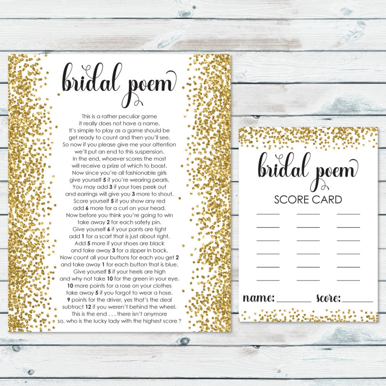 Bridal Poem Game, Bridal Shower Points Poem, Gold Confetti Bridal ...