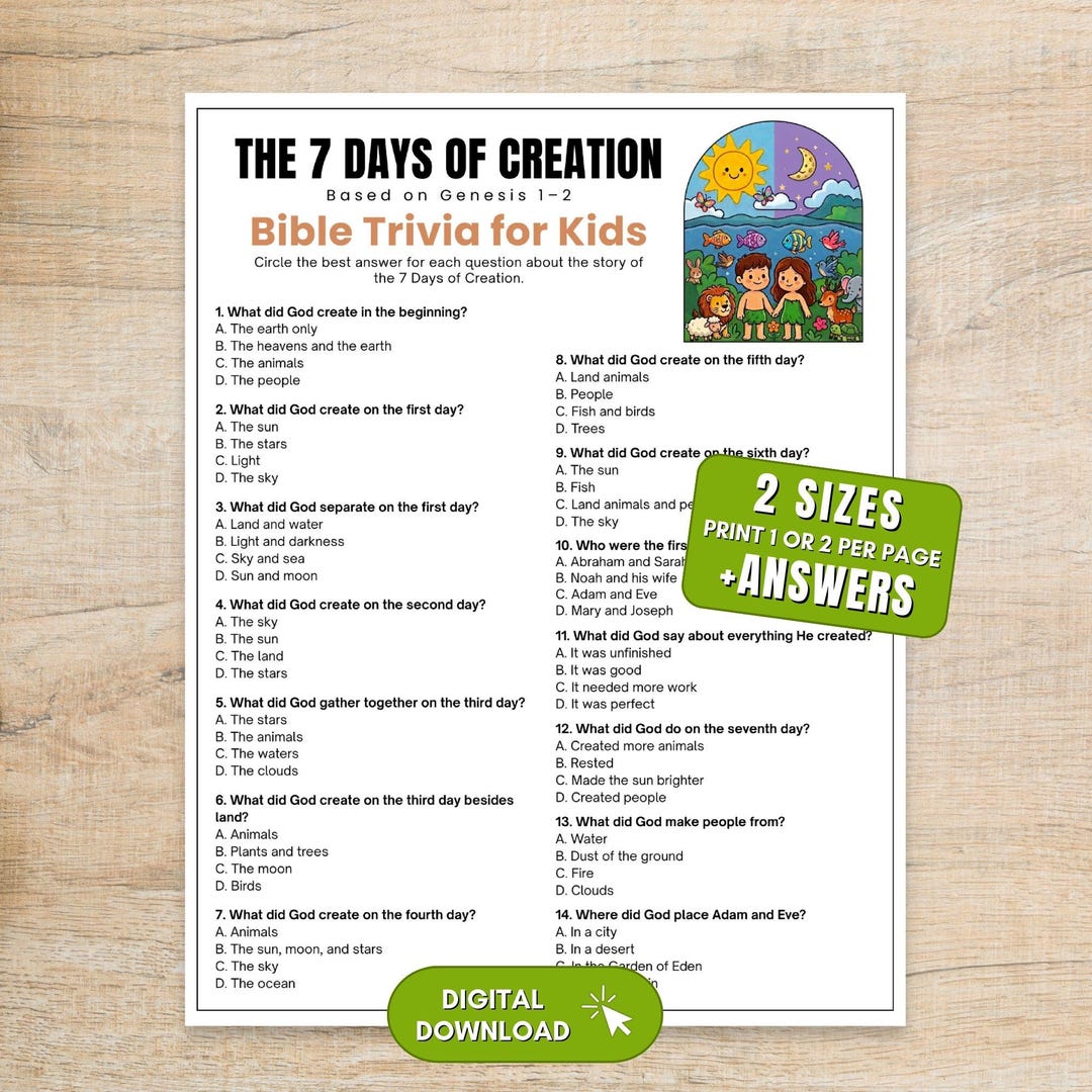 Creation Bible Trivia Game for Kids, Genesis 1-2 Printable, 7 Days of ...