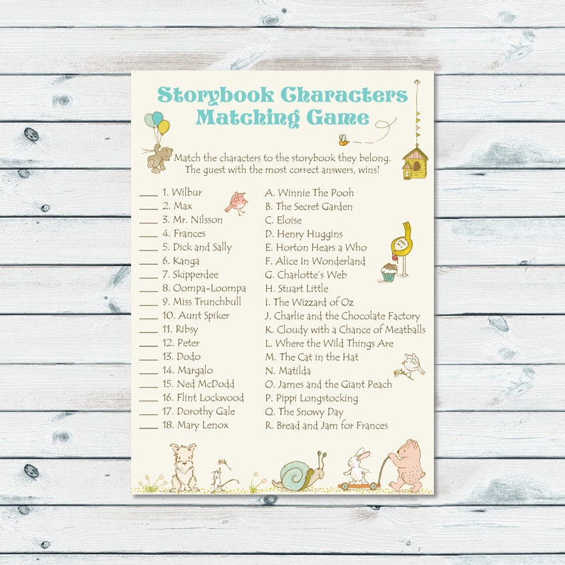 Storybook Characters Matching Game Children's Book Shower - Etsy