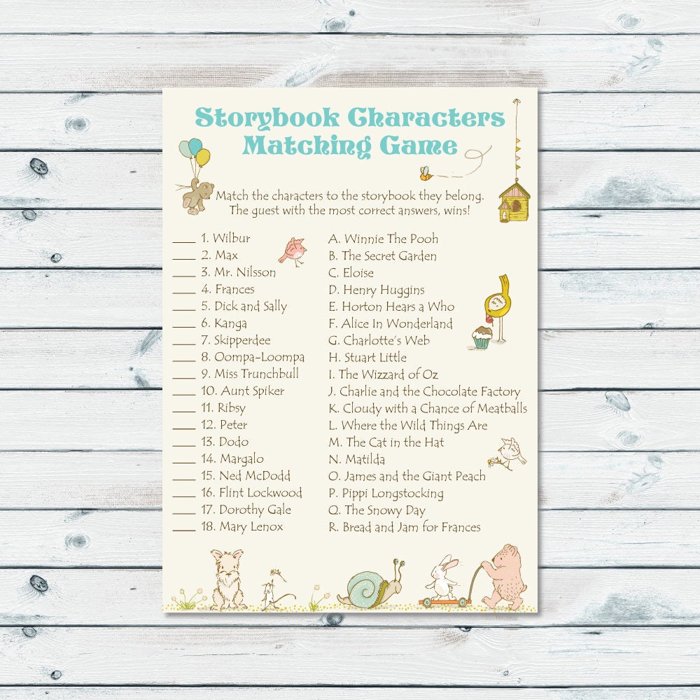 Storybook Characters Matching Game, Children's Book Shower Game ...