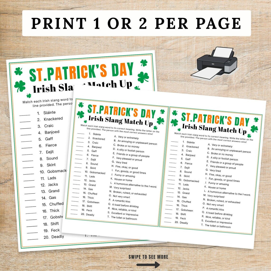 Irish Slang Matching Game for Adults, St Patricks Day Printable Party ...