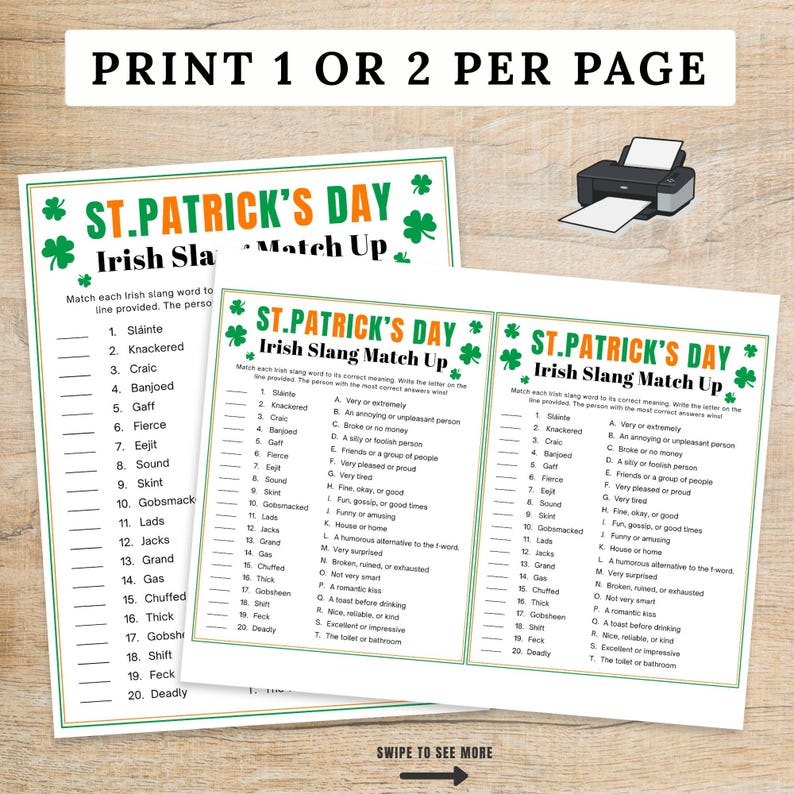Irish Slang Matching Game for Adults, St Patricks Day Printable Party ...