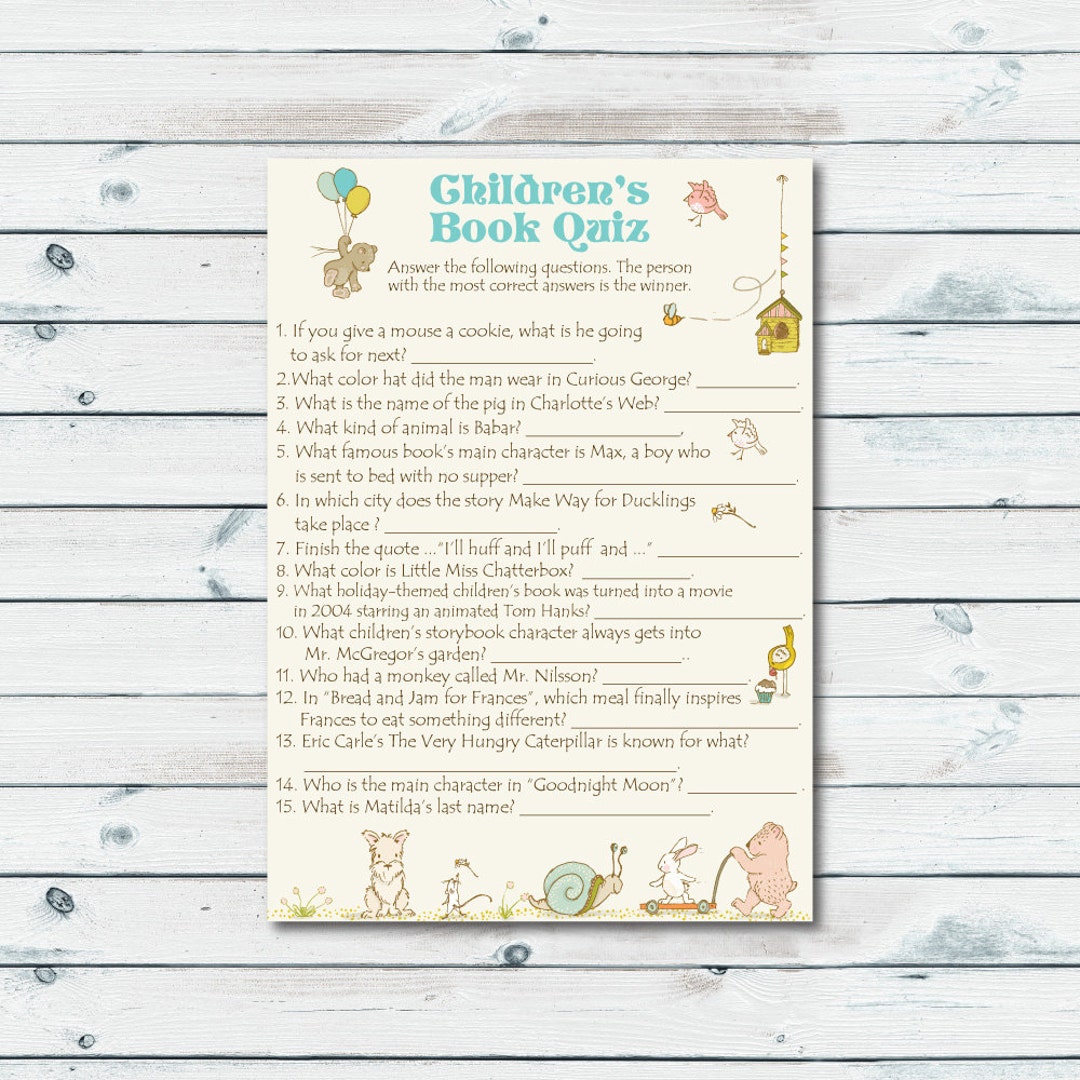 Children’s Book Quiz, Printable Storybook Baby Shower Game, Build A ...