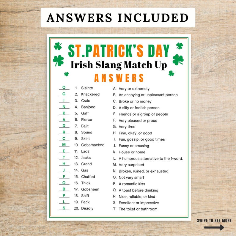 Irish Slang Matching Game for Adults, St Patricks Day Printable Party ...