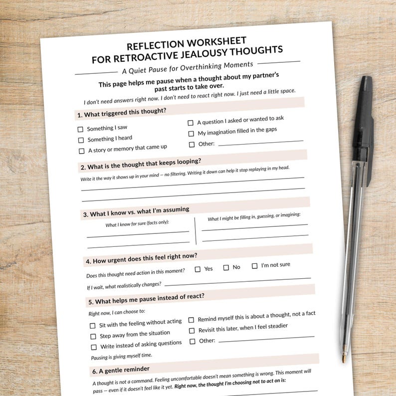Retroactive Jealousy Reflection Worksheet for Overthinking | Printable ...