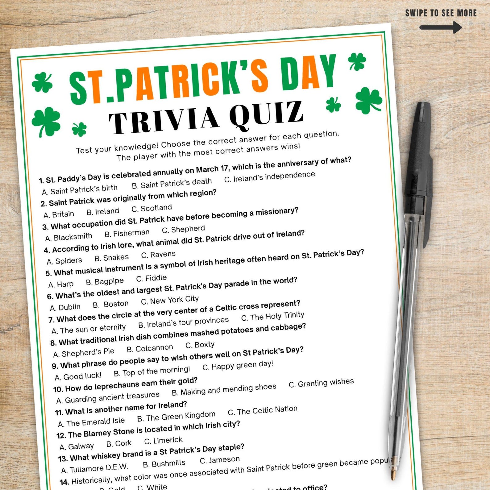 St Patricks Day Trivia Quiz Printable, Irish Party Game (digital ...