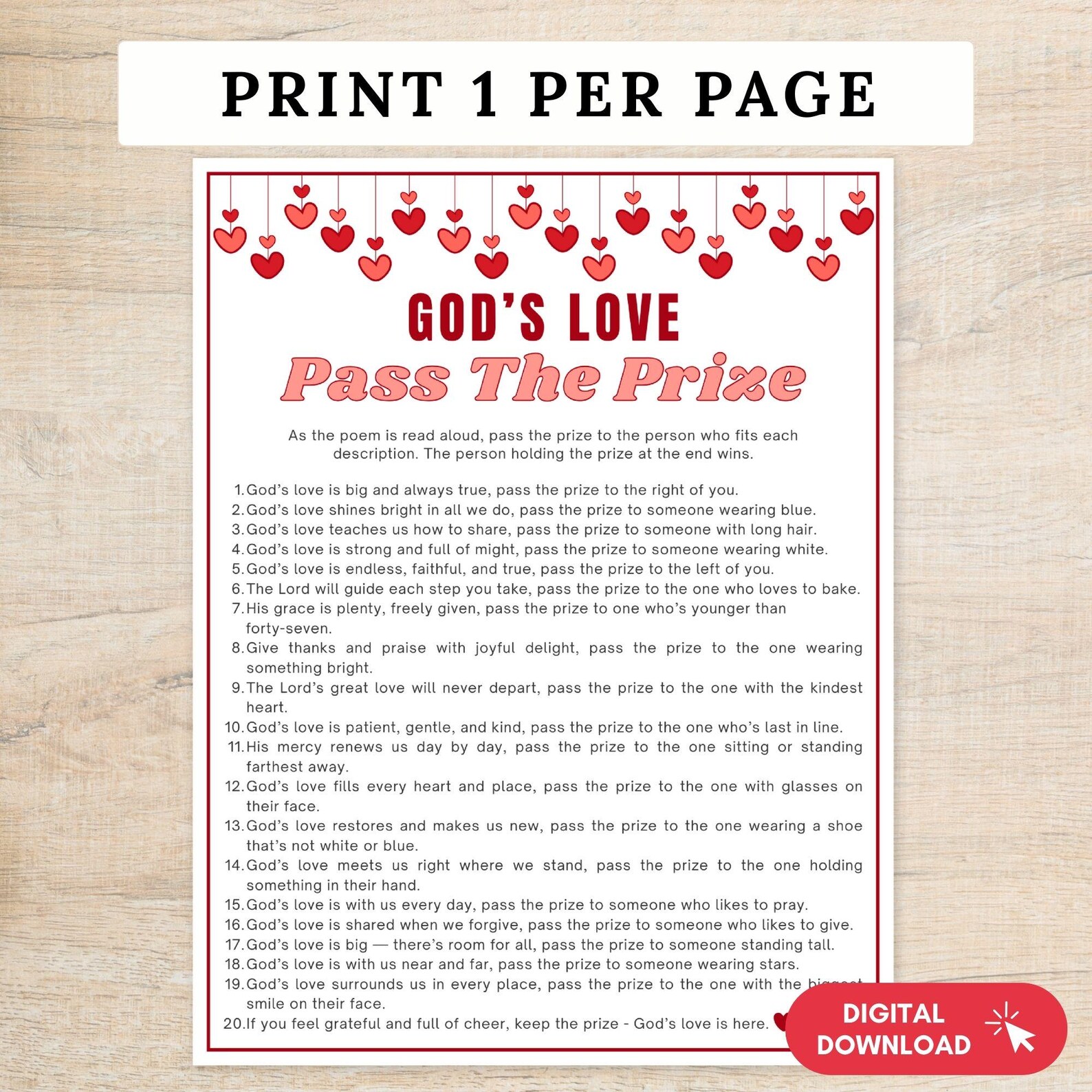 God’s Love Pass the Prize Game Printable | Christian Pass the Gift Game ...