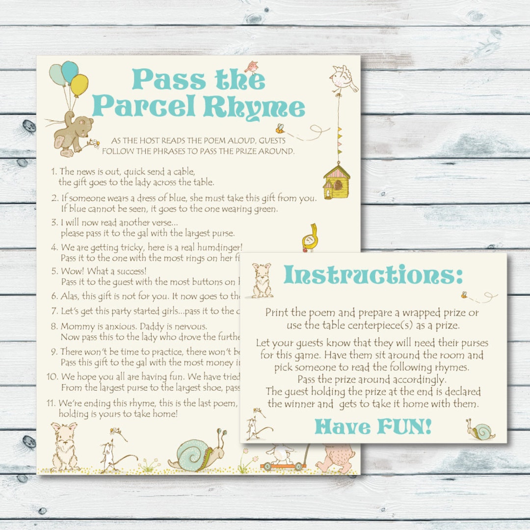 Pass the Parcel Rhyme Printable, Pass the Prize Baby Shower Game ...