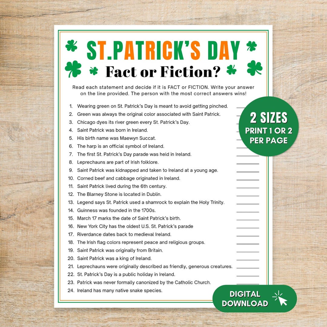 St Patricks Day Fact or Fiction Game, True or False Irish Printable ...