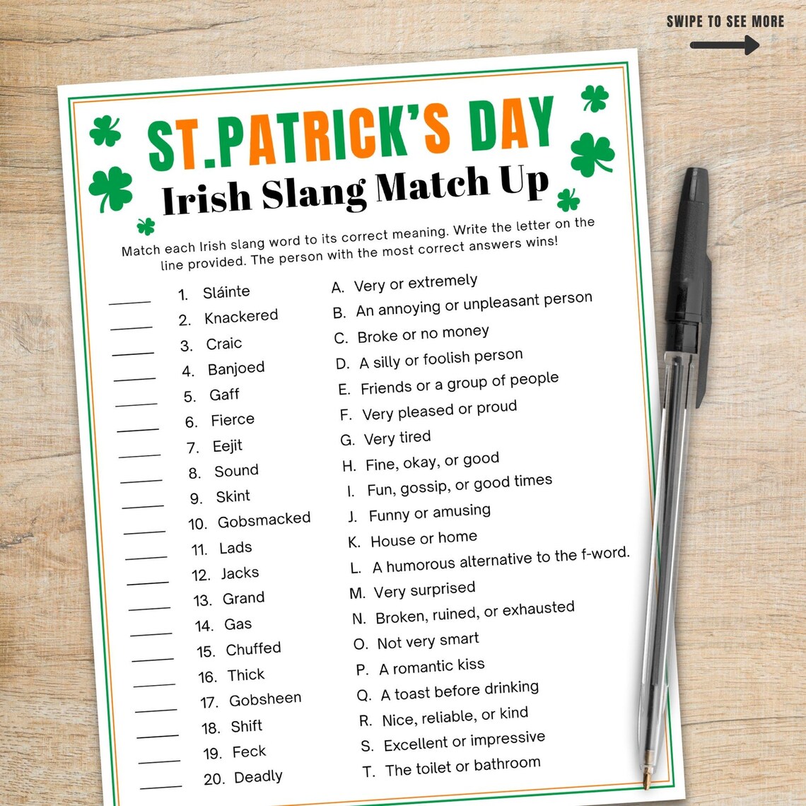 Irish Slang Matching Game for Adults, St Patricks Day Printable Party ...