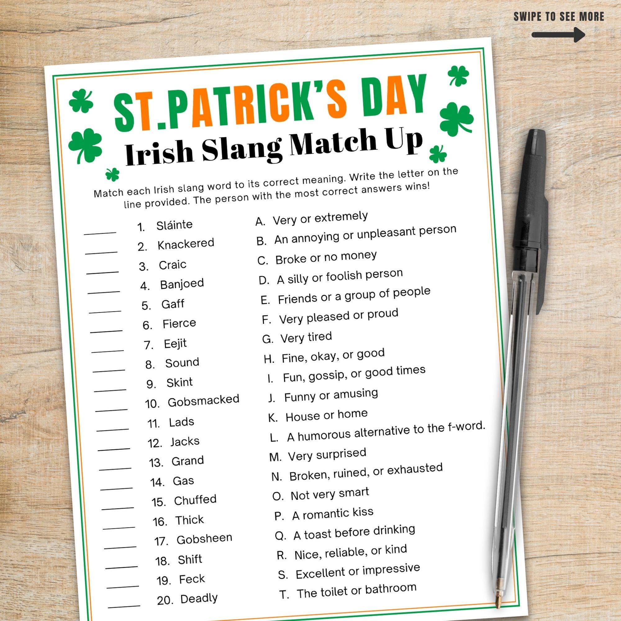 Irish Slang Matching Game for Adults, St Patricks Day Printable Party ...