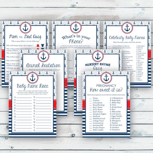 Nautical Baby Shower Games Printable Pack Blue Red Baby - Etsy