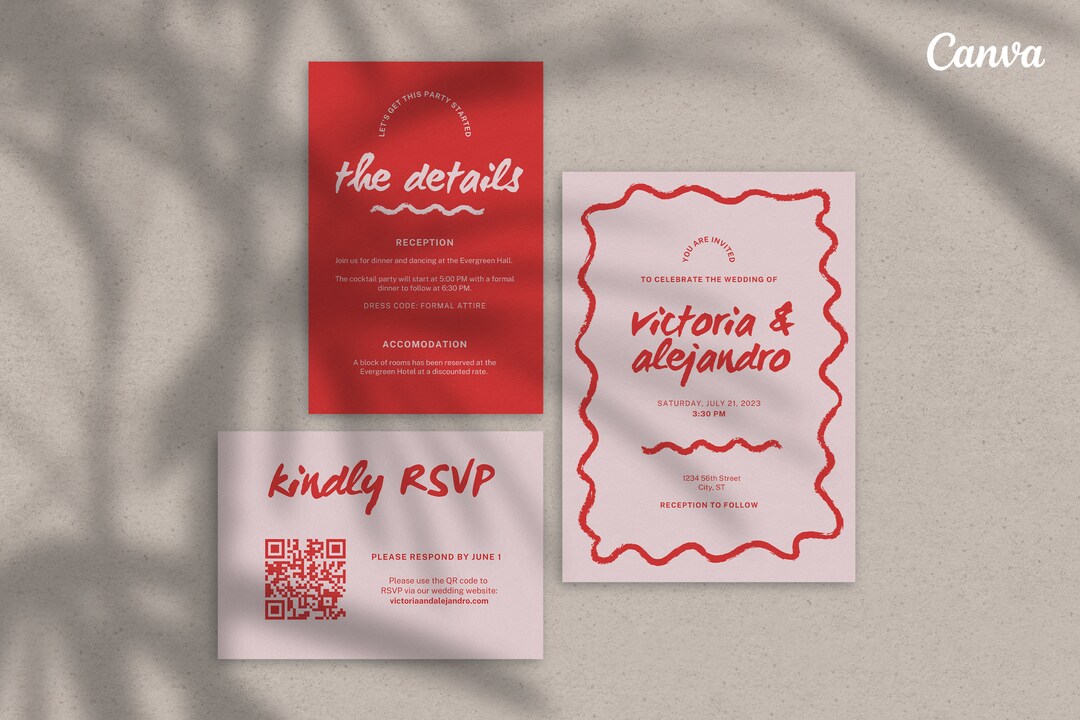 Playful Colorful Wavy Wedding Invitation Canva Template Set - 3 Fun ...