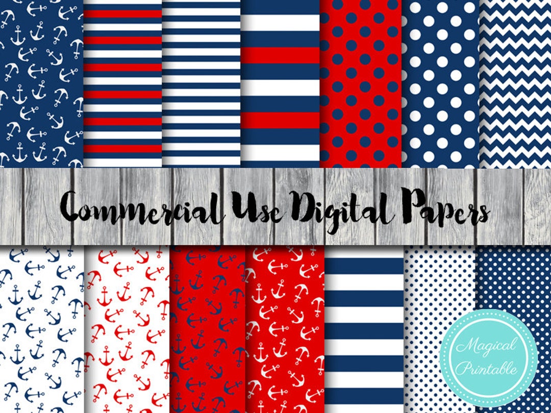 Nautical Digital Papers, Ahoy, Red and Navy Digital Paper, Commercial ...