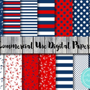 Nautical Digital Papers, Ahoy, Red and Navy Digital Paper, Commercial ...