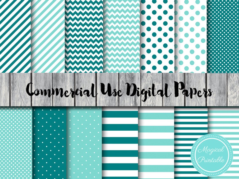 Teal Digital Papers, Aqua, Teal Stripes, Chervon, Instant Download ...
