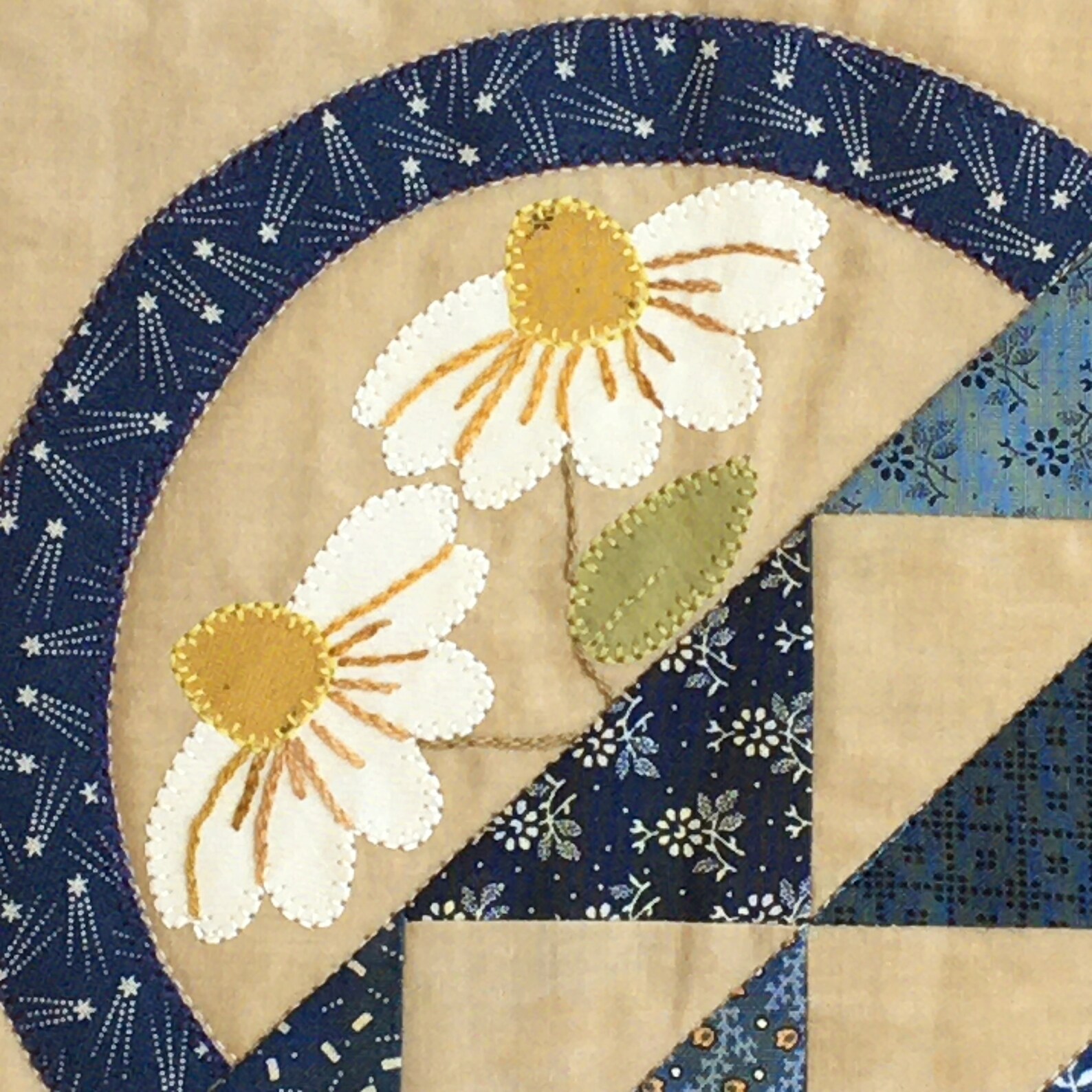 Small Wall Quilt for Sale, blue Daisies is a Blue and Tan Patchwork Quilt Featuring Pieced ...