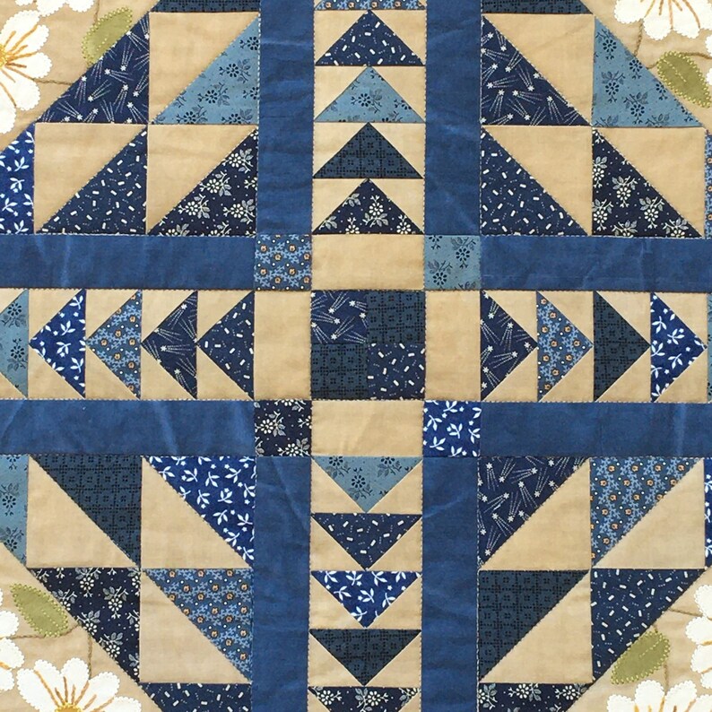 Small Wall Quilt for Sale, blue Daisies is a Blue and Tan Patchwork Quilt Featuring Pieced ...