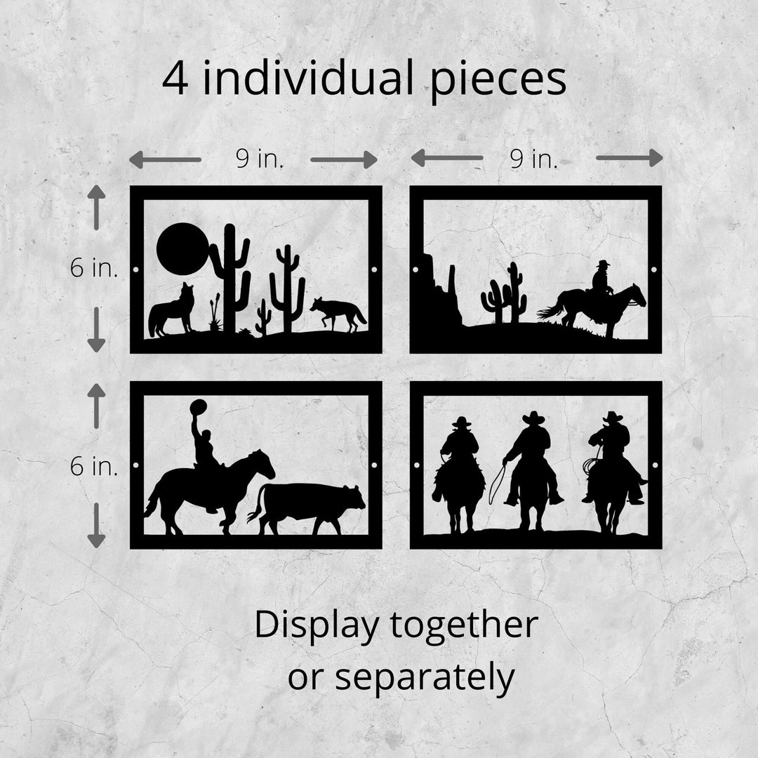 Set of 4 Western Art Plaques With Cowboys, Steer, Horses, Desert & Wolf ...