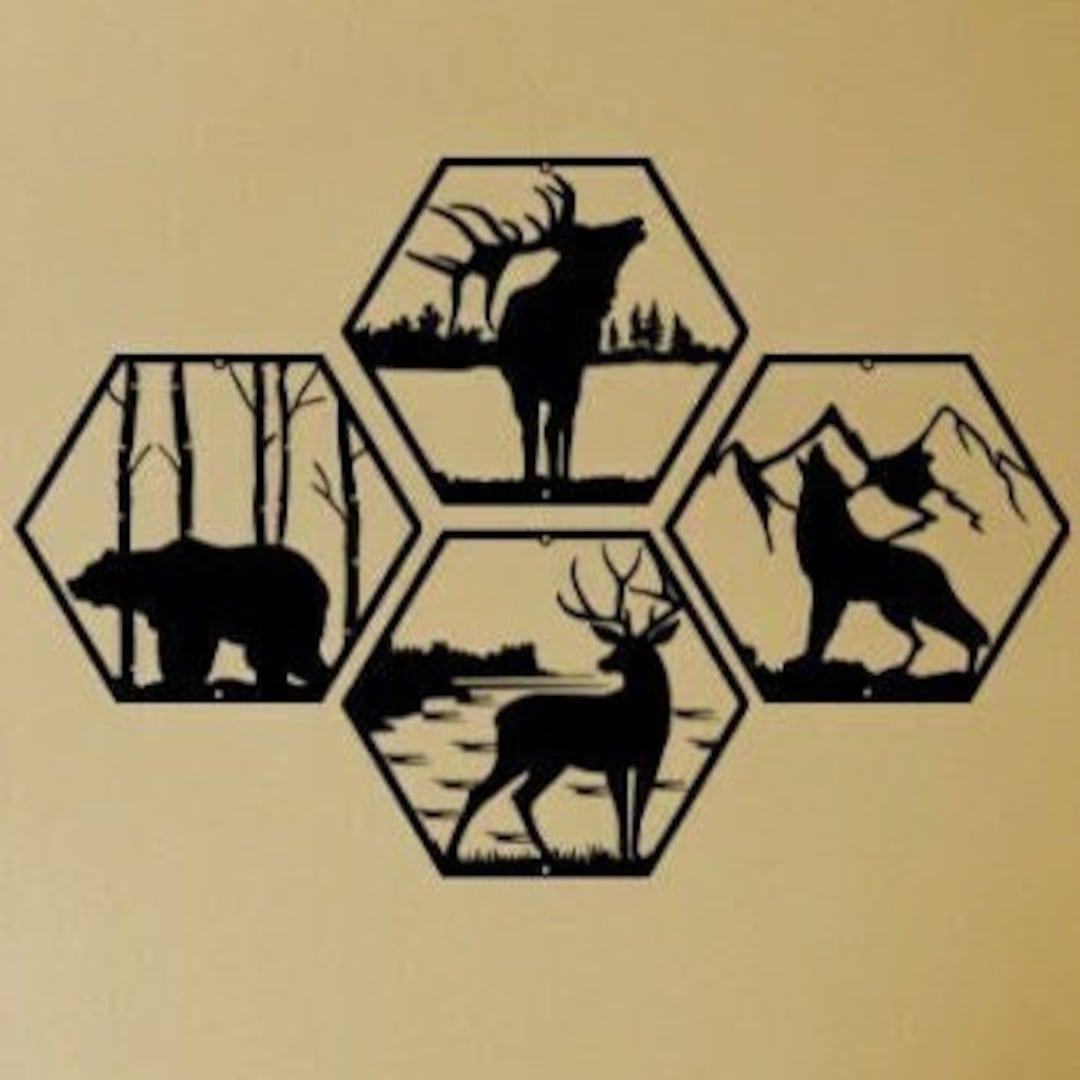 Set of 4 Metal Wildlife Wall Art Decor: Elk, Wolf, Deer, Bear Hexagon ...