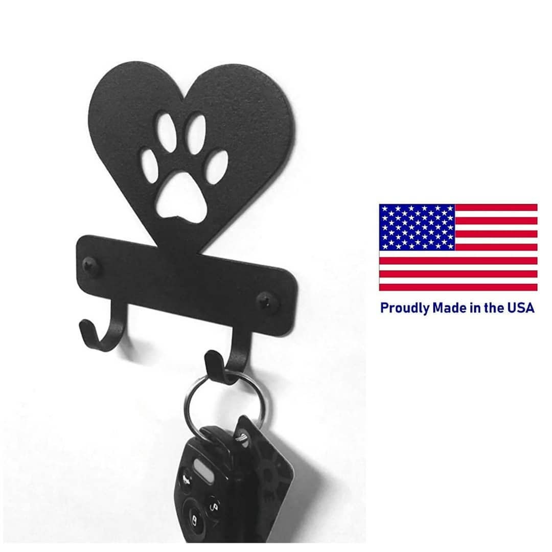 Mini Dog Paw Print in Heart Key Rack Hanger/ Leash Hooks - Metal - 3.5 ...