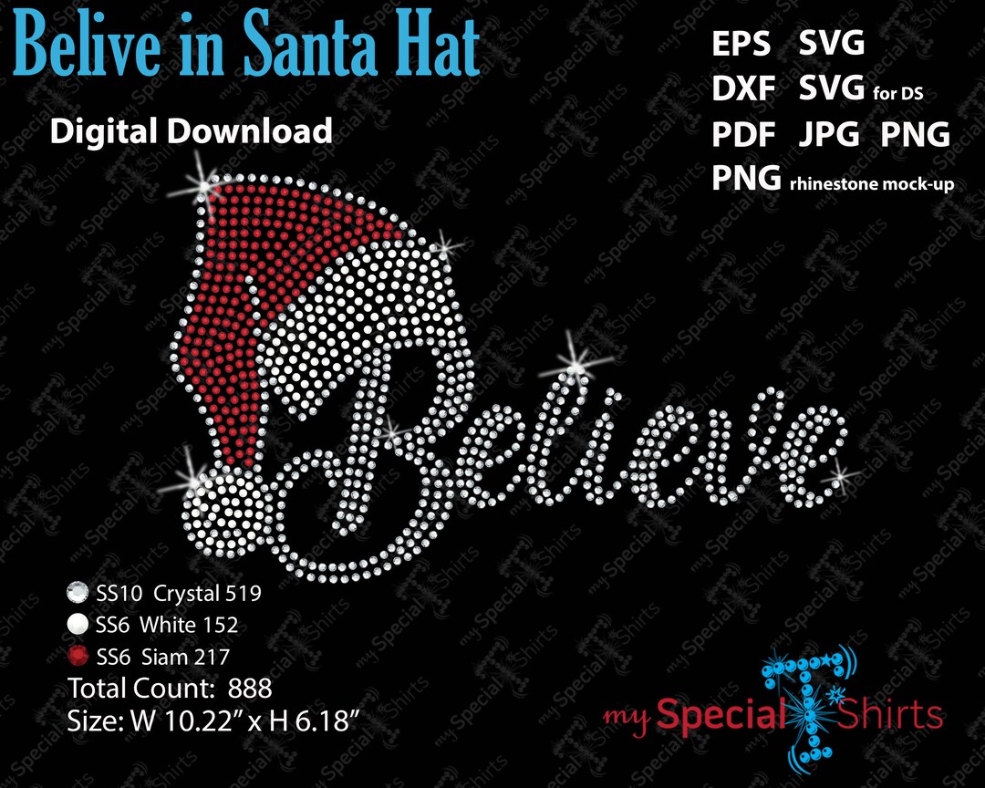 Believe in Santa Hat, SVG Instant Download Rhinestone Design, Christmas ...