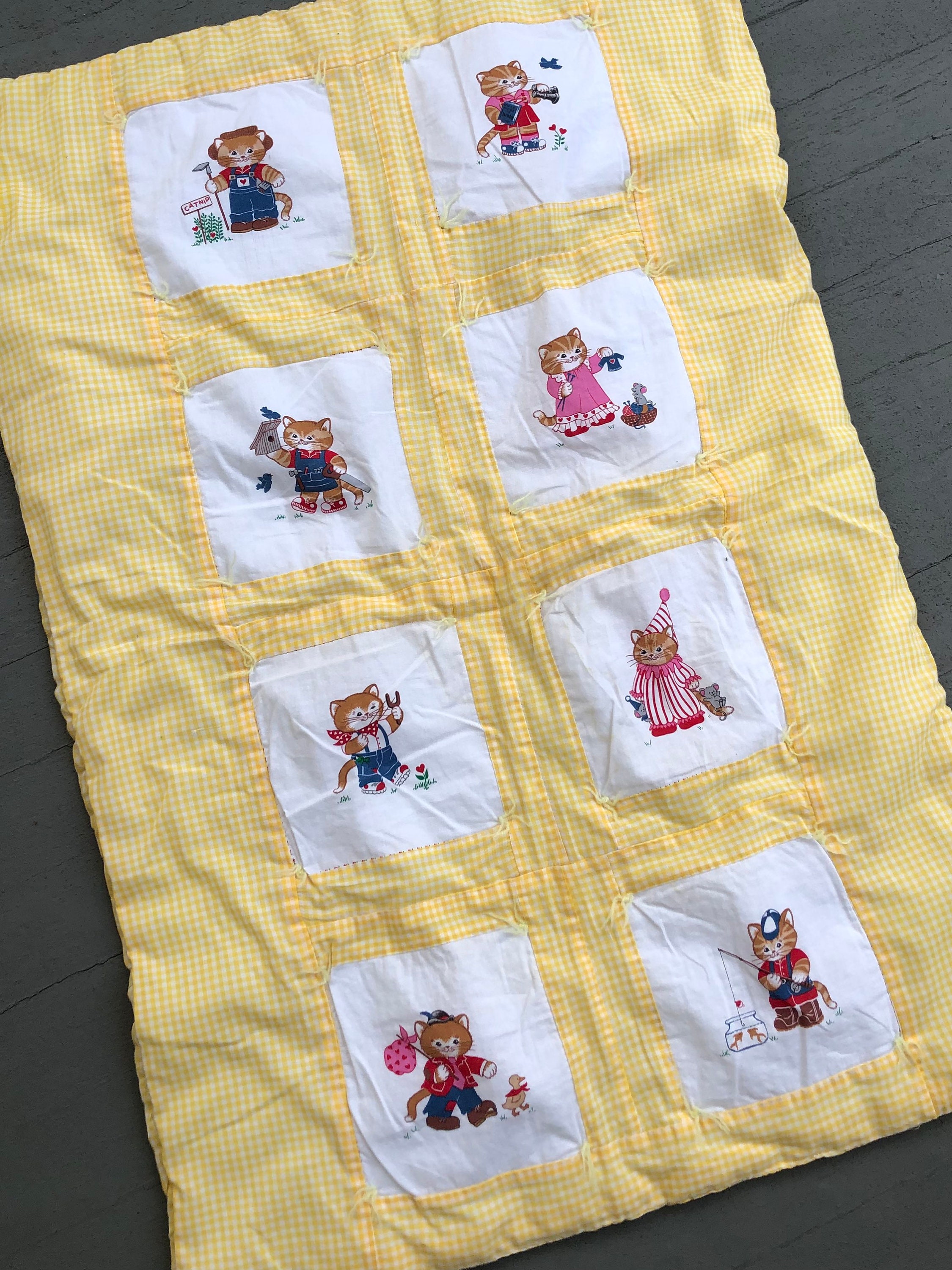 Kitten Cat Quit Throw Blanket Yellow Gingham Handmade Handsewn - Etsy
