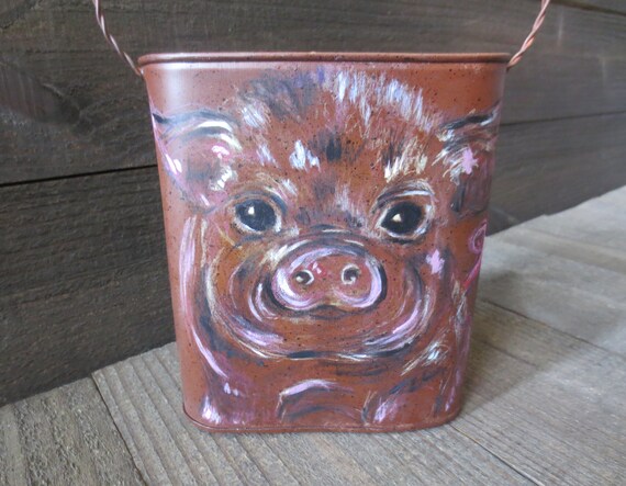 Hand Painted Country Pig Rusty Pail Wall Pocket Farmhouse | Etsy