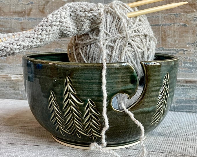Forest Green Ceramic Yarn Bowl, Pine Tree Knitting Bowl, Crochet Bowl ...