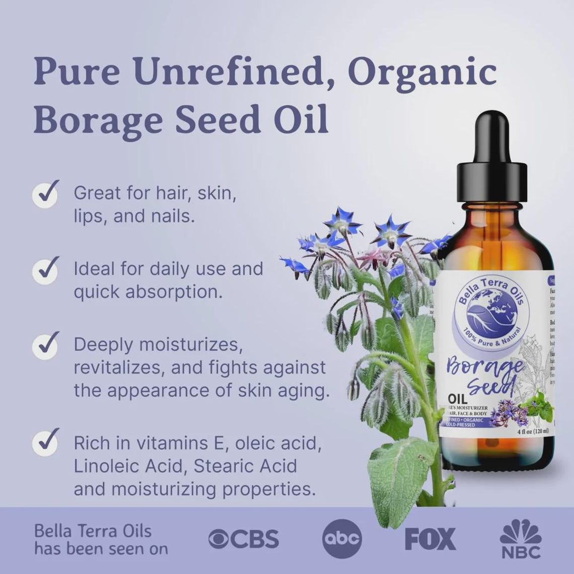 Organic Pure Borage Seed Oil - 2oz Premium Cold-pressed Oil for Skin ...