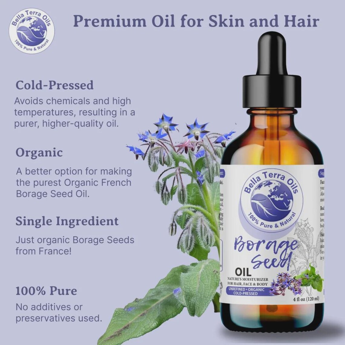 Organic Pure Borage Seed Oil - 2oz Premium Cold-pressed Oil for Skin ...