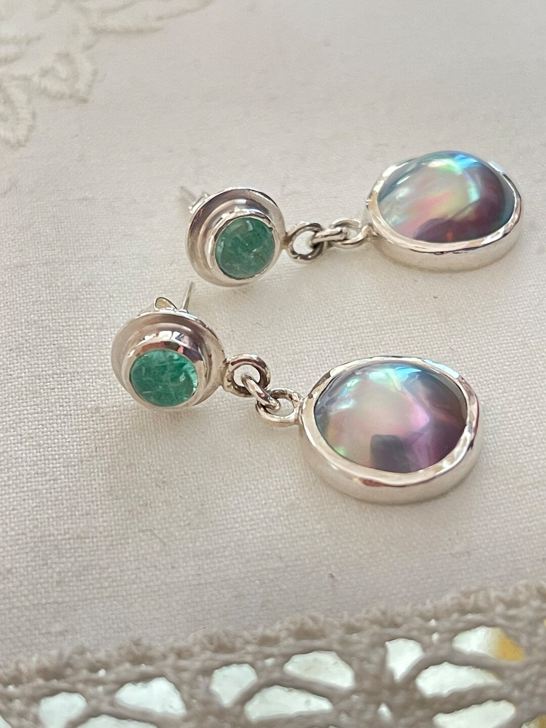 Cultured Sea of Cortez Mabe Pearl and Neon Green Beryl Earrings, Silver ...