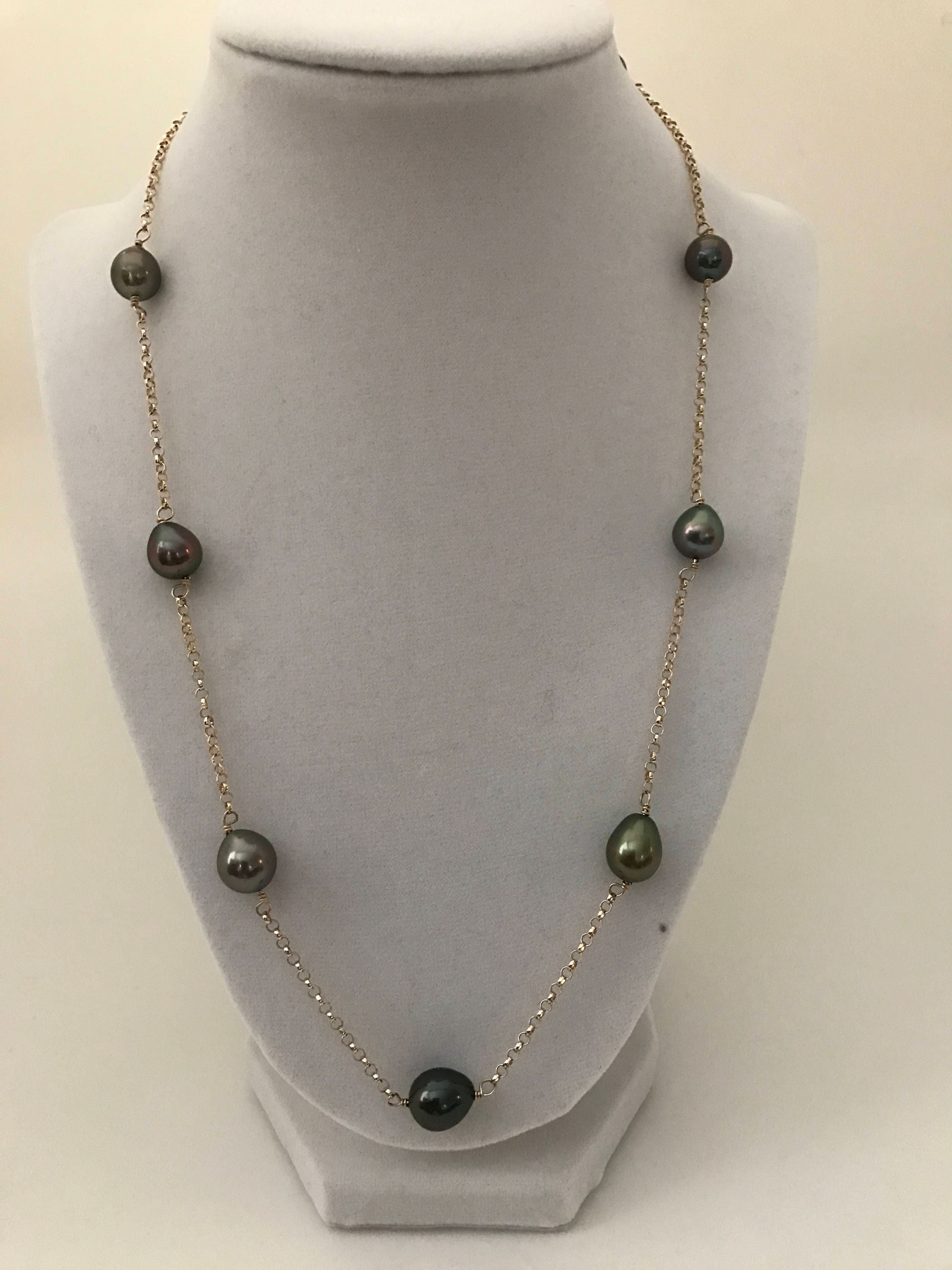 Cultured Tahitian Pearl Tin Cup Necklace 14k Gold Rolo Chain (TC3)