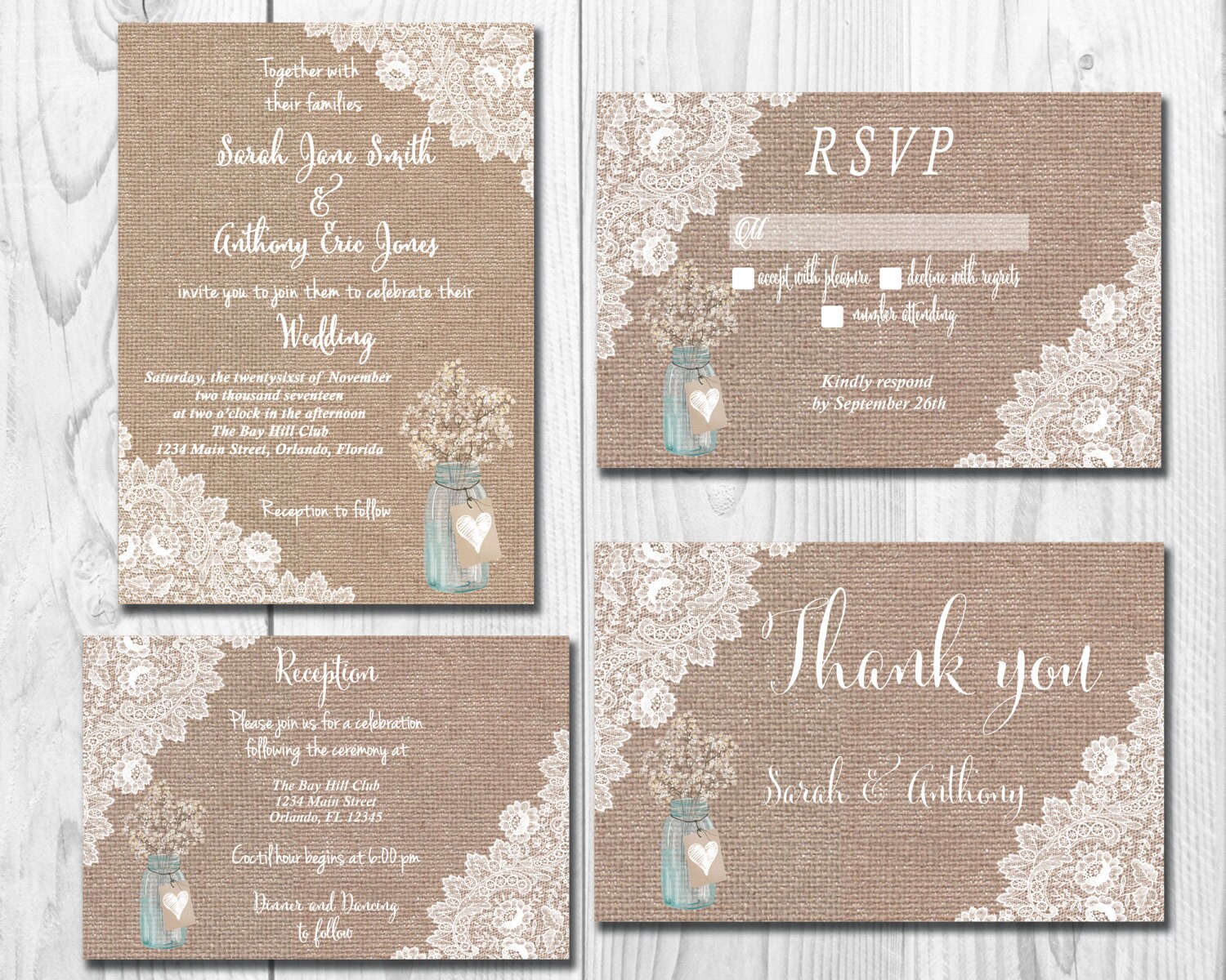 Burlap and Lace Rustic RSVP Card, Wedding Printable Respond Card, Mason ...