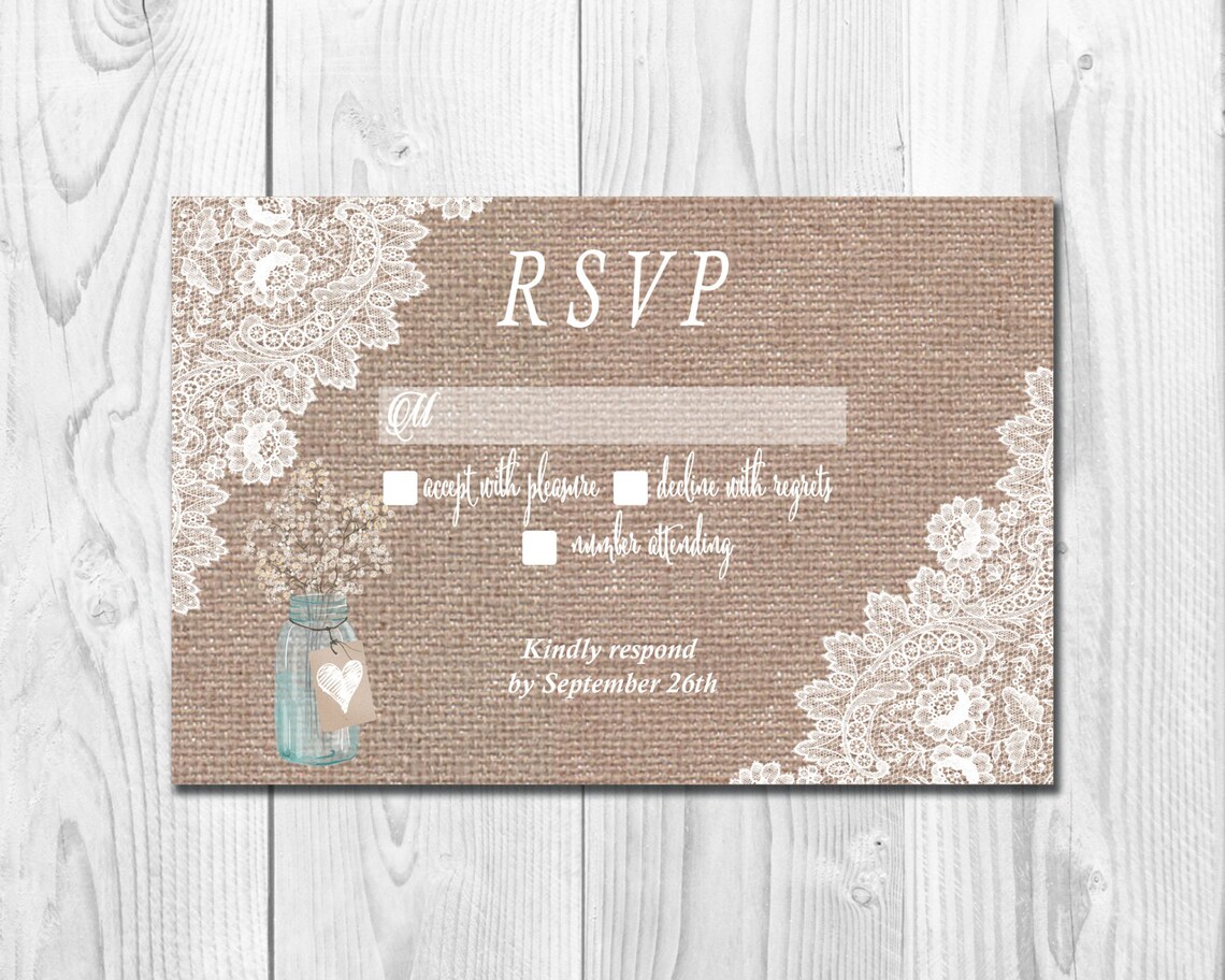 Burlap and Lace Rustic RSVP Card, Wedding Printable Respond Card, Mason Jar, Baby Breath & Wood ...