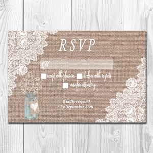 Burlap and Lace Rustic RSVP Card, Wedding Printable Respond Card, Mason Jar, Baby Breath & Wood ...