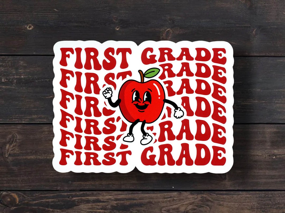 Retro First Grade Sticker, Cute Apple Teacher Sticker, Groovy Teacher ...