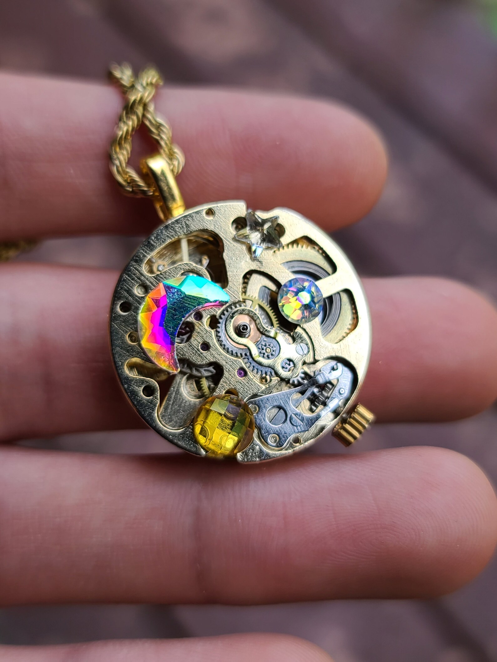 Clock Pendant Necklace, Clock Work Rewind Moving Gears! Gold Pendant ...