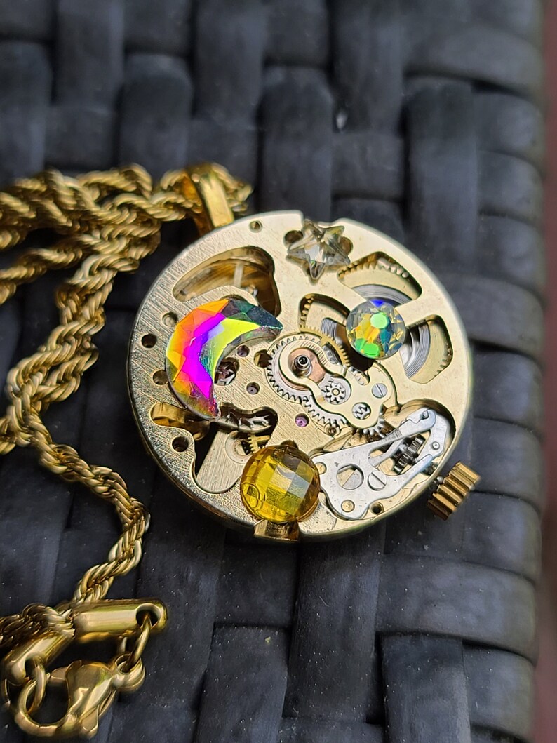 Clockwork Steampunk Mechanical Gear Gold Pendant Necklace, Clock Rewind ...